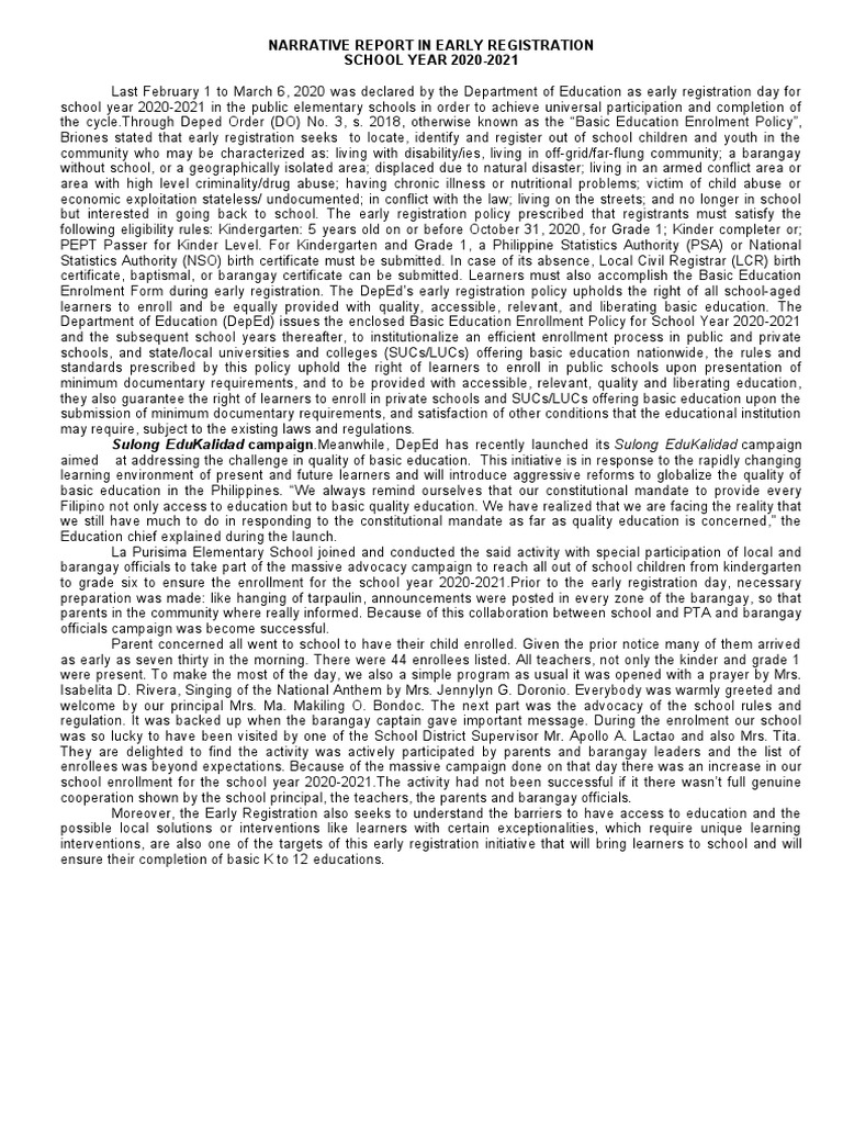 Narrative Report in Early Registration | PDF | Behavior Modification ...