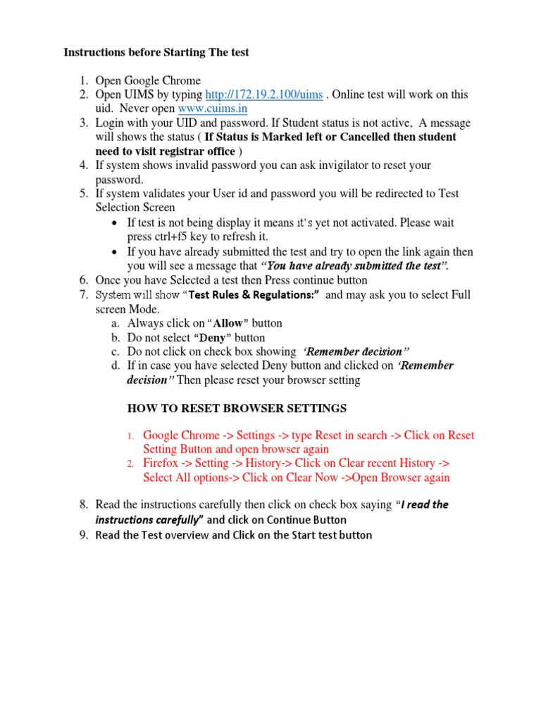 Instructions Before Starting The Test: WWW - Cuims.in | PDF | Button ...