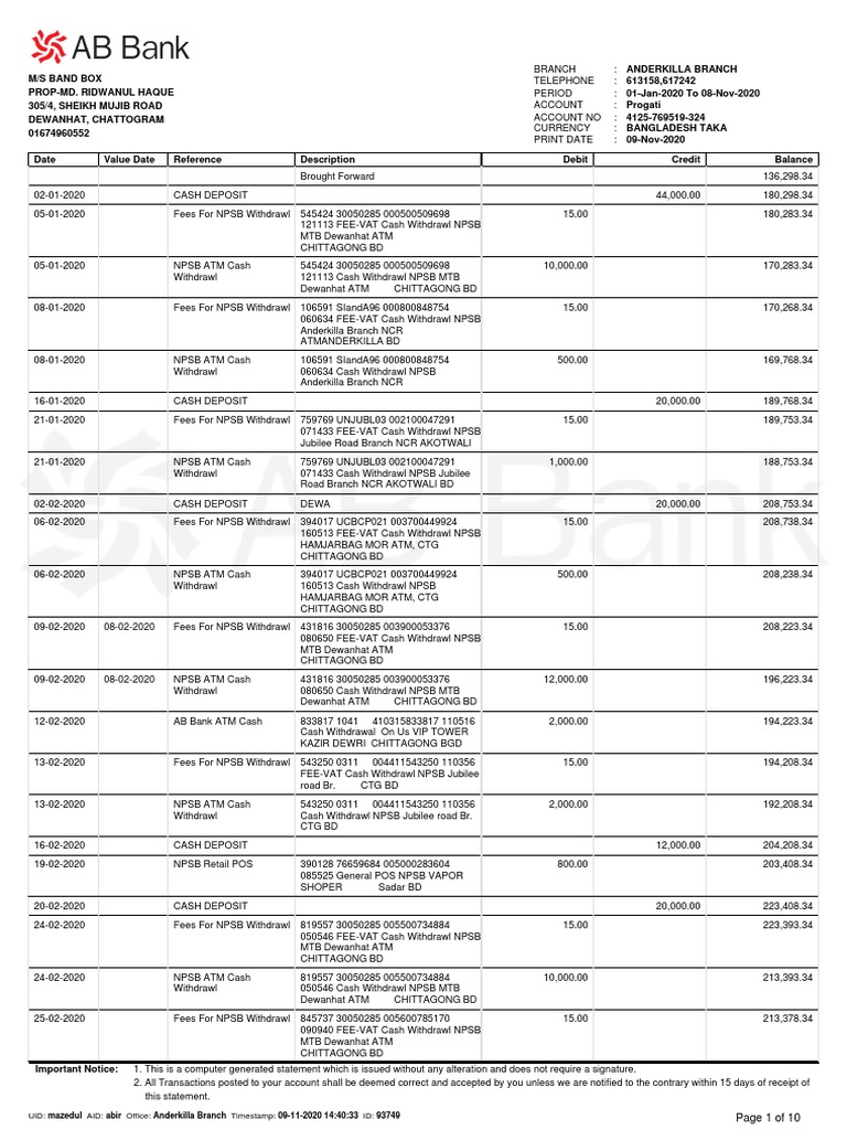 Business Bank Statement | PDF | Automated Teller Machine | Debit Card