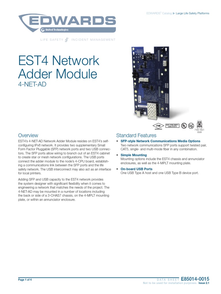 EST4 Network Adder Module: 4-NET-AD | PDF | Usb | Computer Network
