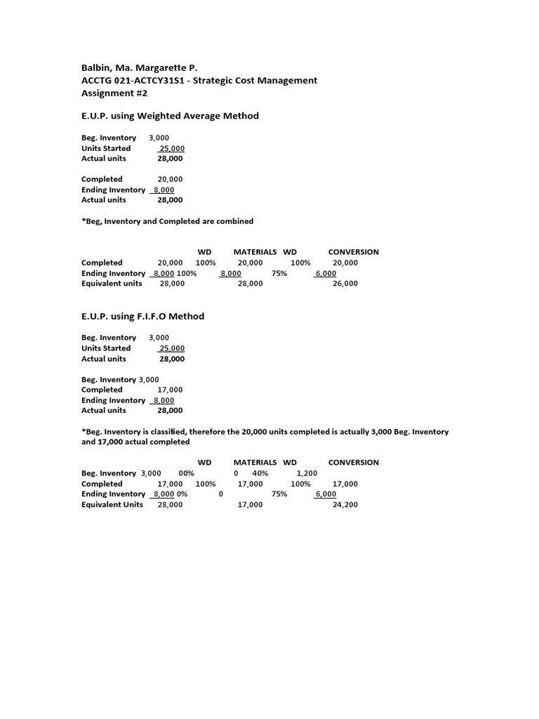 Balbin, Ma. Margarette P. ACCTG 021-ACTCY31S1 - Strategic Cost Management Assignment #2 E.U.P ...
