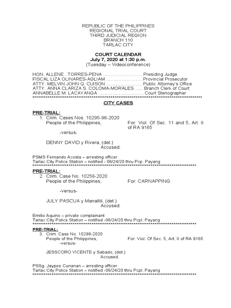 Tarlac City Court Calendar - July 2020 | PDF | Practice Of Law | Public Law