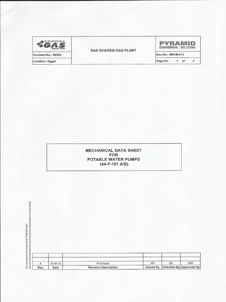 Mechanical Data Sheet For Potable Water Pumps PDF | PDF