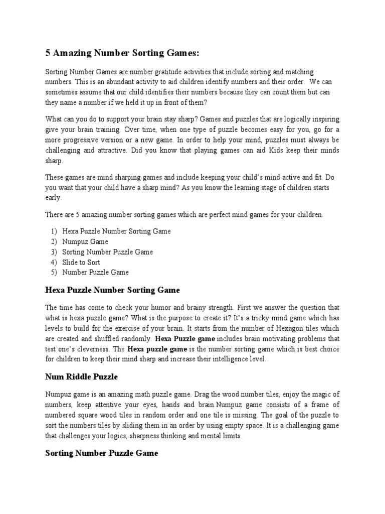 5 Engaging Number Sorting Games | PDF | Psychological Concepts ...
