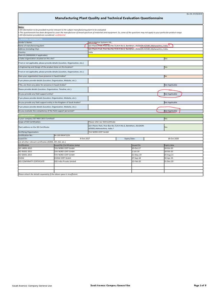 Manufacturing Plant Evaluation Questionnaire - 2019 - Final 14.05.2020 ...
