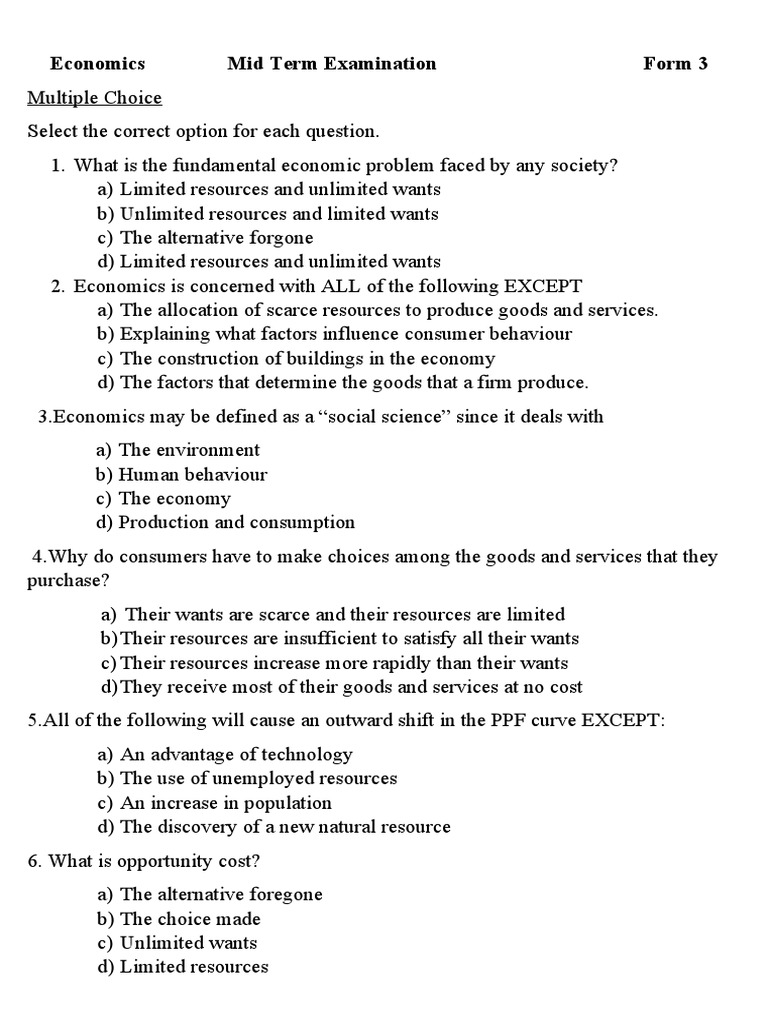 Economics Mid Term Examination Form 3 | PDF | Economics | Economies