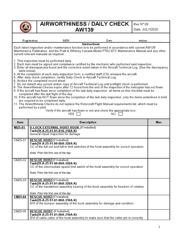 AW139 Daily Aircraft Check Procedures | PDF | Landing Gear | Empennage