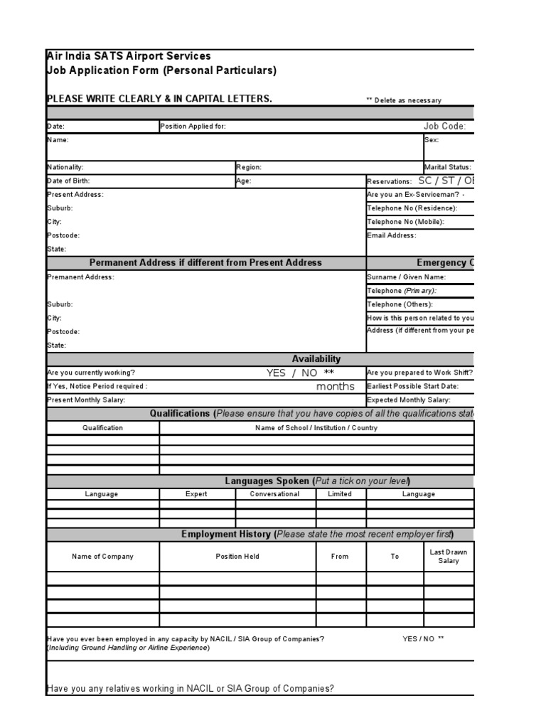 Air India SATS Job Application Form | PDF | Transport | Business