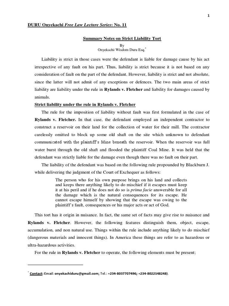Summary Notes On Strict Liability Tort PDF | PDF | Trespass | Strict ...