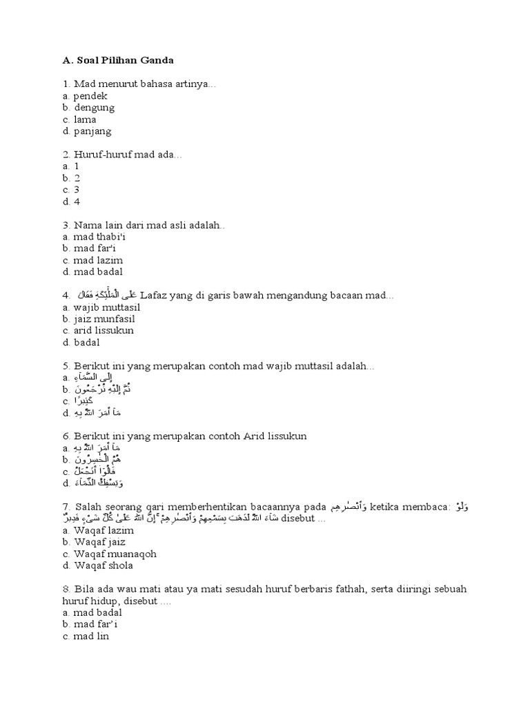 Contoh Soal Mad Dan Waqaf Pilihan (Ganda Dan Jawaban) | PDF