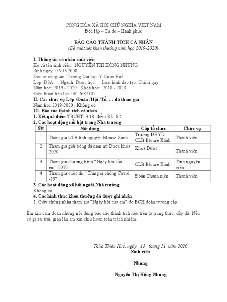 Báo-Cáo-Thành-Tích-Cá-Nhân - H NG Nhung D2a | PDF