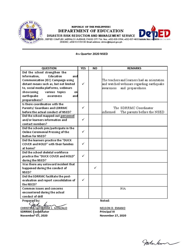 Department of Education: 4 Quarter 2020 NSED | PDF