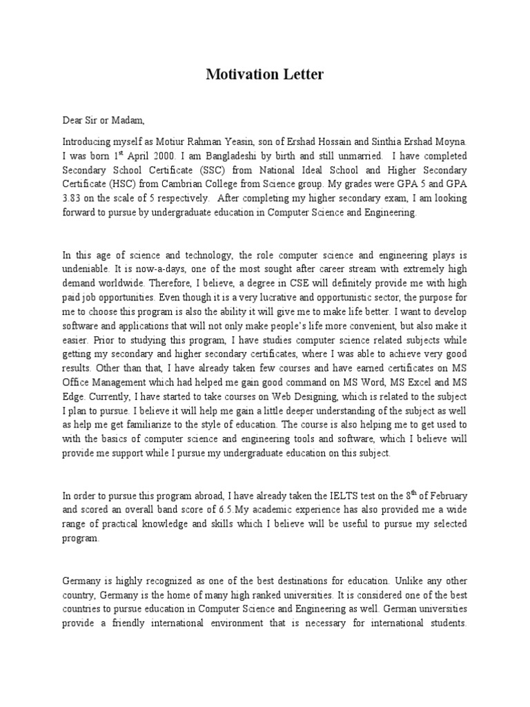 Motivation Letter - Edited | PDF | International Student | Learning