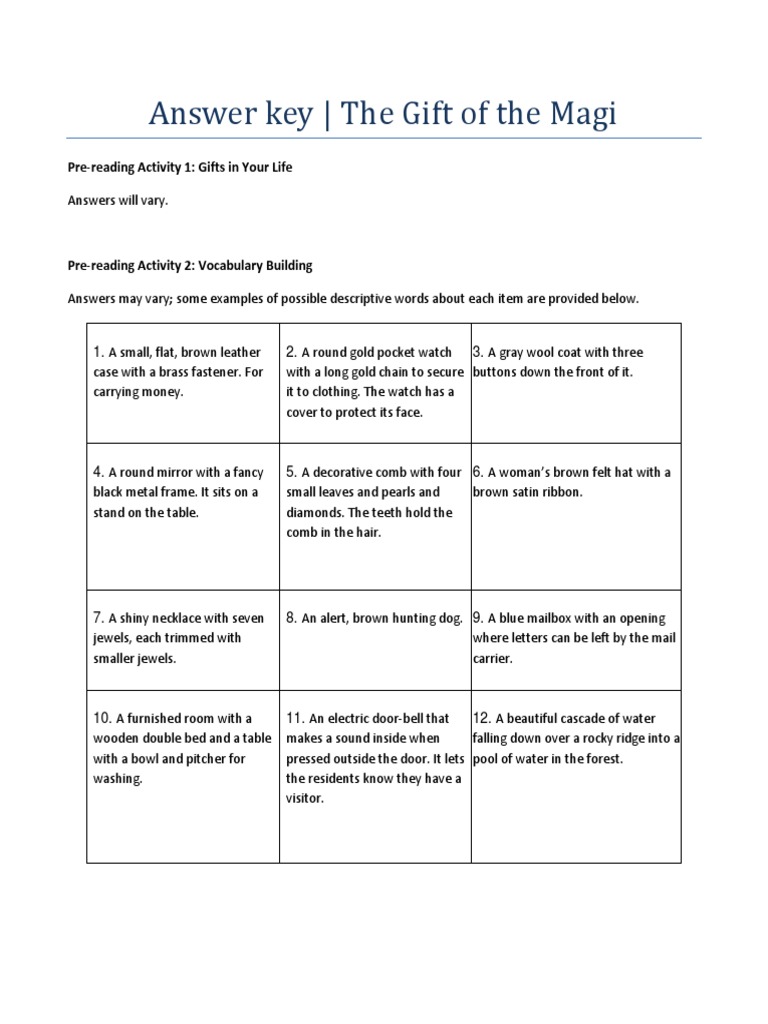 Answer Key - The Gift of The Magi: Pre-Reading Activity 1: Gifts in ...