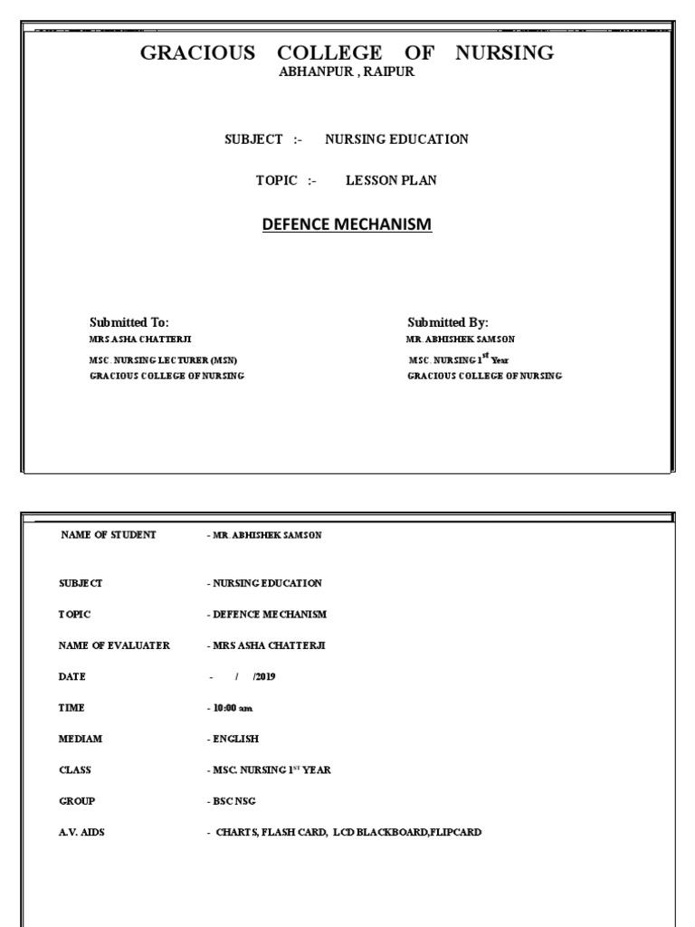 Lesson Plan on Defence Mechanisms: Objectives, Content, Teaching ...