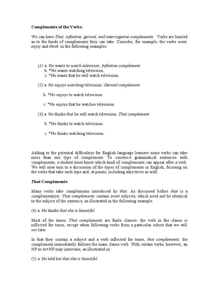 Complements of The Verbs | PDF | Verb | Subject (Grammar)