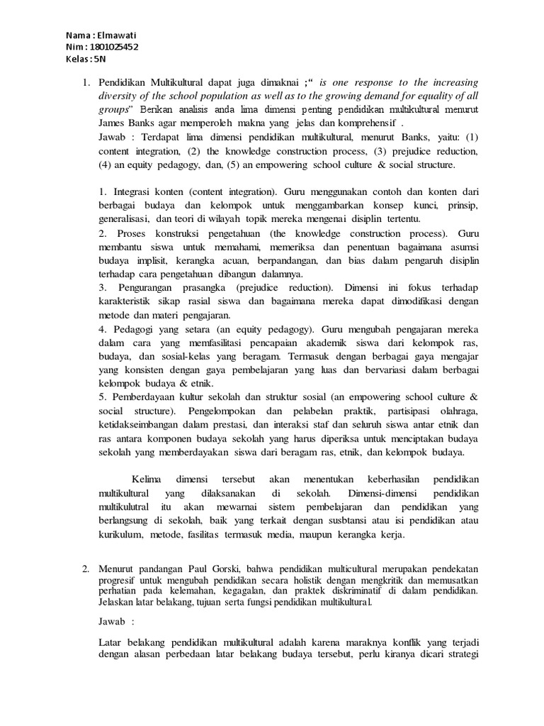 UTS Elmawati 1801025452 5N Multikultural | PDF