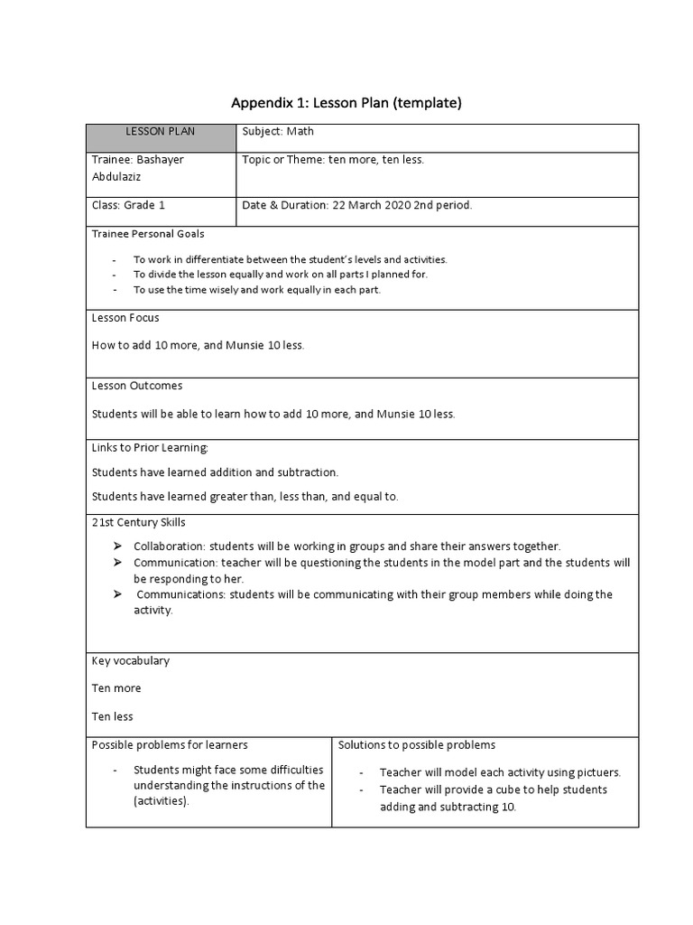 Ten More Ten Less Lesson Plan. | PDF | Lesson Plan | Neuropsychological ...