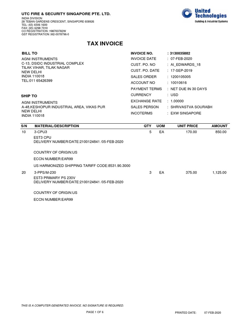 Tax Invoice: Utc Fire & Security Singapore Pte. LTD | PDF | Invoice ...