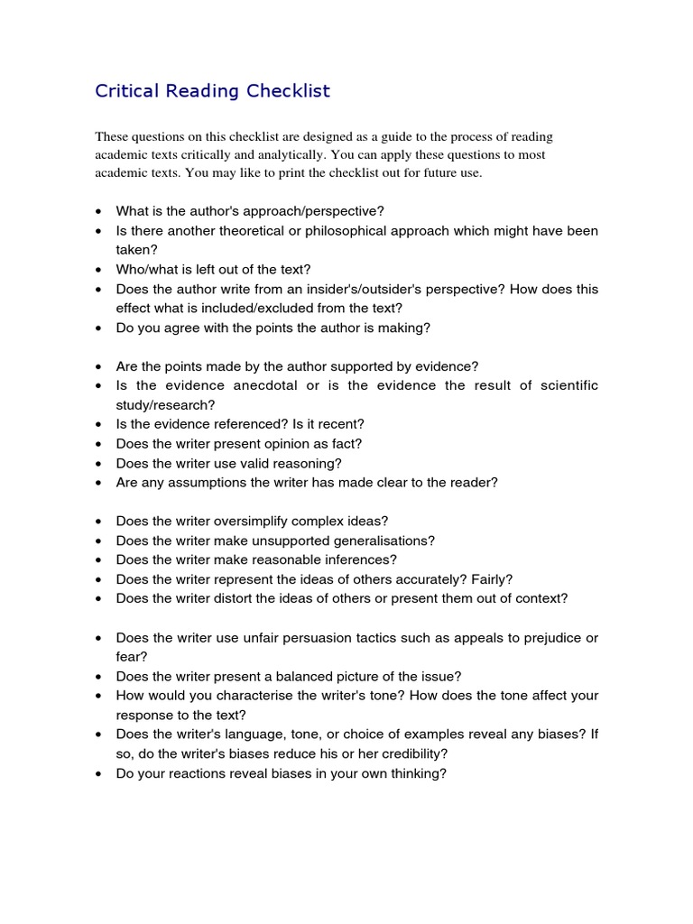 Critical Thinking Check List PDF | PDF | Writers | Bias