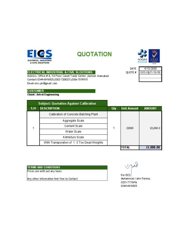 Quotation for Calibration of a Concrete Batching Plant Scales and ...