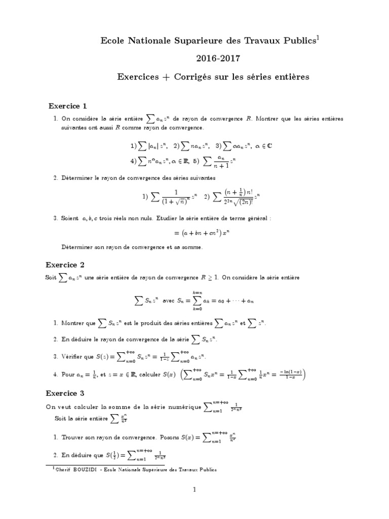 Exercices et Corrigés sur les Séries Entières | PDF | Série entière ...