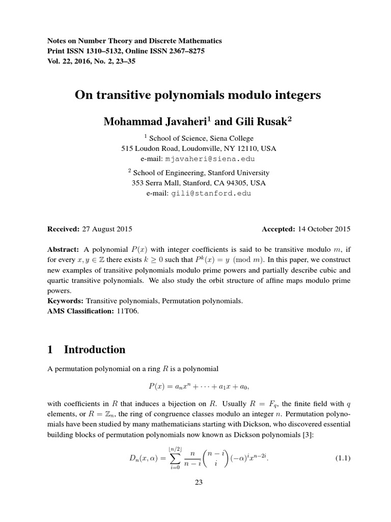 On Transitive Polynomials Modulo Integers: Mohammad Javaheri and Gili Rusak | Download Free PDF ...