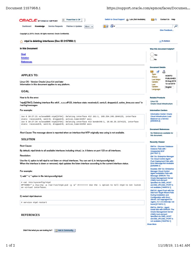 NTPD Is Deleting Interfaces (Doc ID 2157958.1) | PDF | Cloud Computing | Application Programming ...