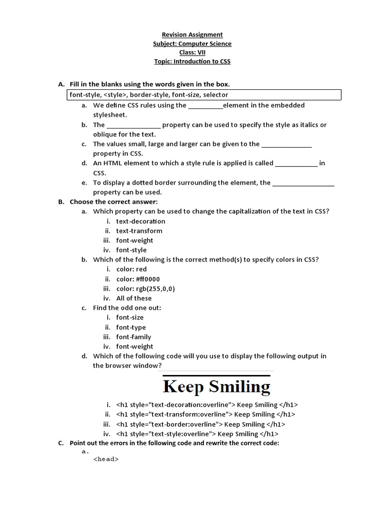Revision Assignment - CSS - Class VII | PDF | Cascading Style Sheets ...