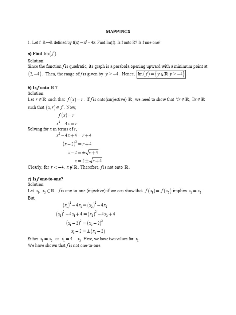 Mappings: Let F: R R Defined by F (X) X - 4x. Find Im (F) - Is F Onto R? Is F One-One ...