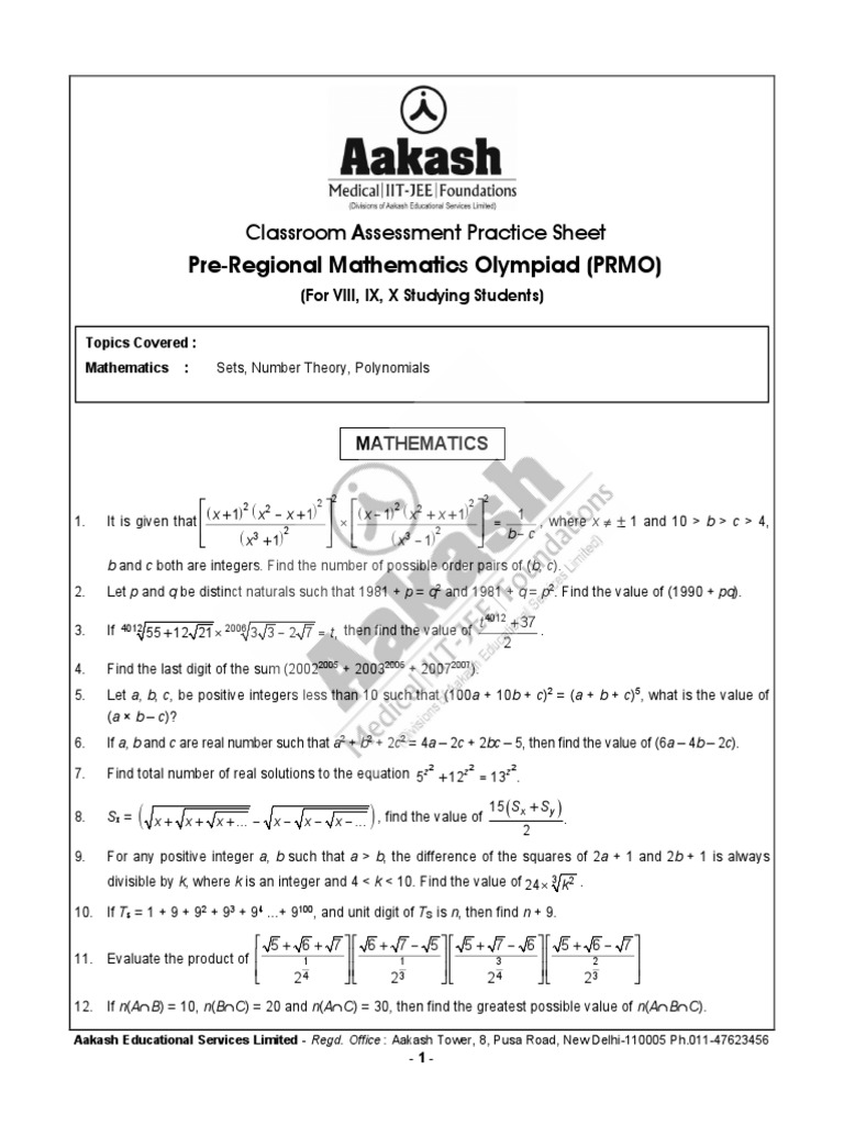 Aakash MOCK TEST PRMO | Download Free PDF | Numbers | Polynomial