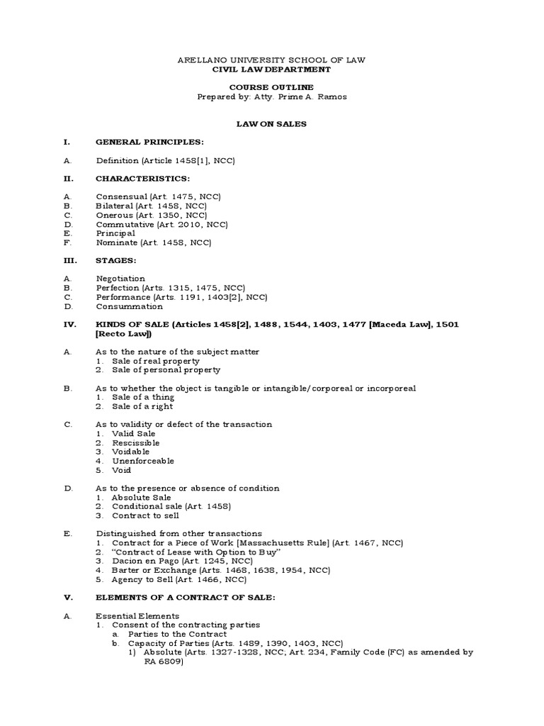 SALES Course Outline | PDF | Legal Remedy | Specific Performance