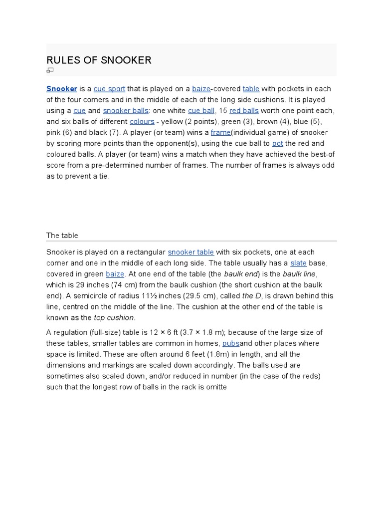 Rules of Snooker | PDF | Snooker | Individual Sports