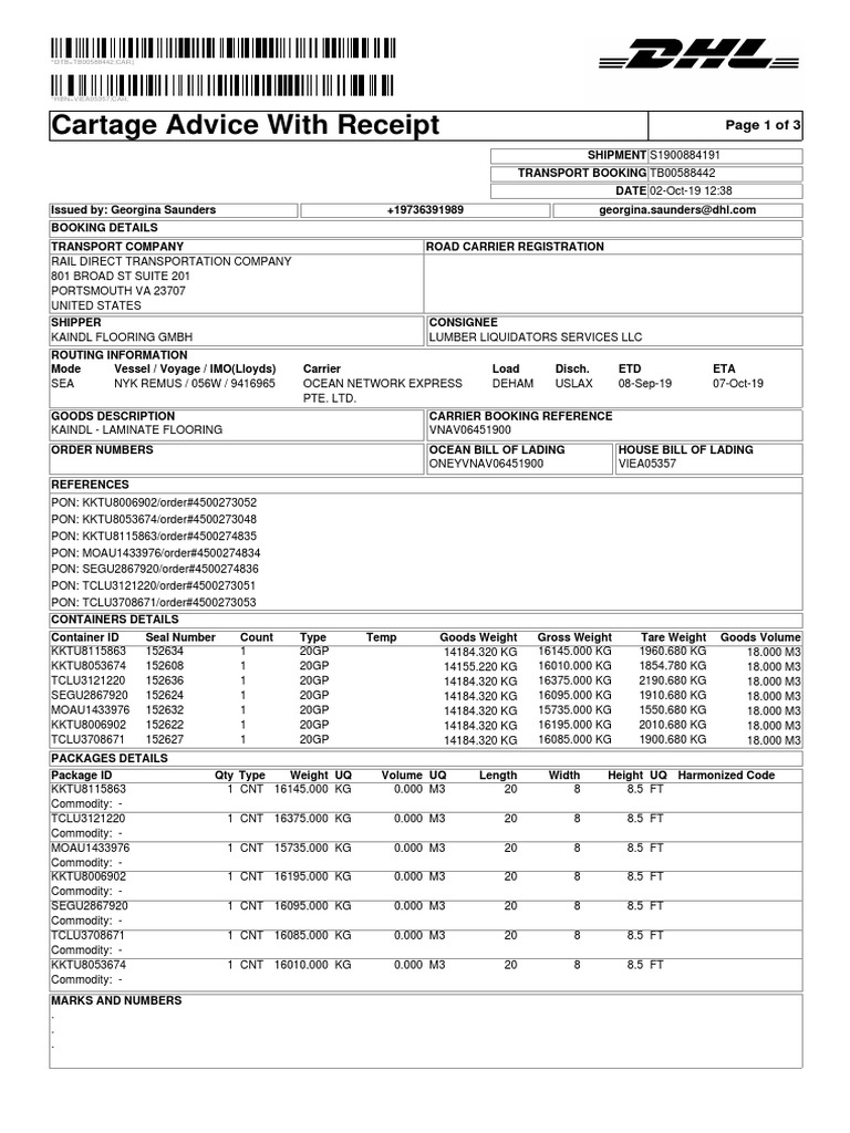 Cartage Advice With Receipt - TB00588442 | PDF | Cargo | Bill Of Lading