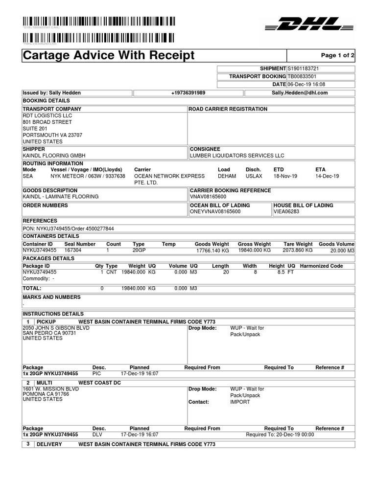 Cartage Advice With Receipt - TB00833501 | PDF | Cargo | Bill Of Lading
