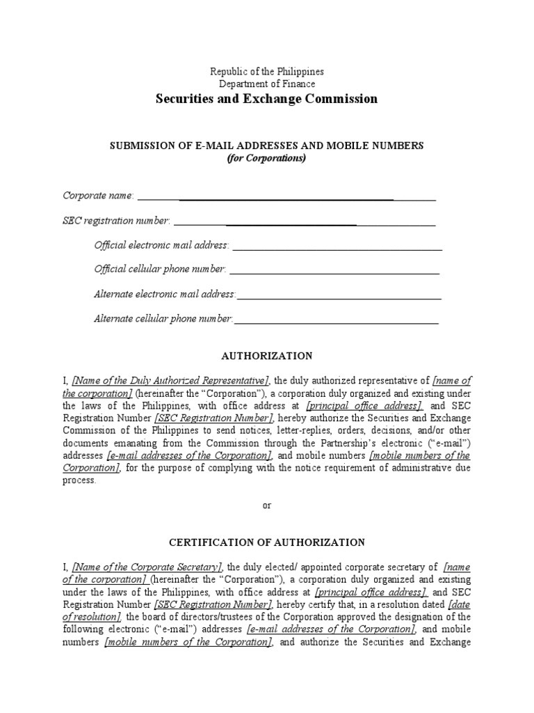 Form (For Corporation) - Submission of E-Mail Addresses and Mobile ...