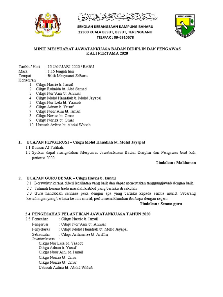 Minit Mesyuarat Kali Pertama 2020 | PDF