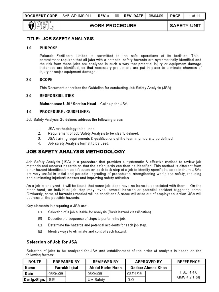 11 - Job Safety Analysis Procedure | PDF | Prevention | Safety
