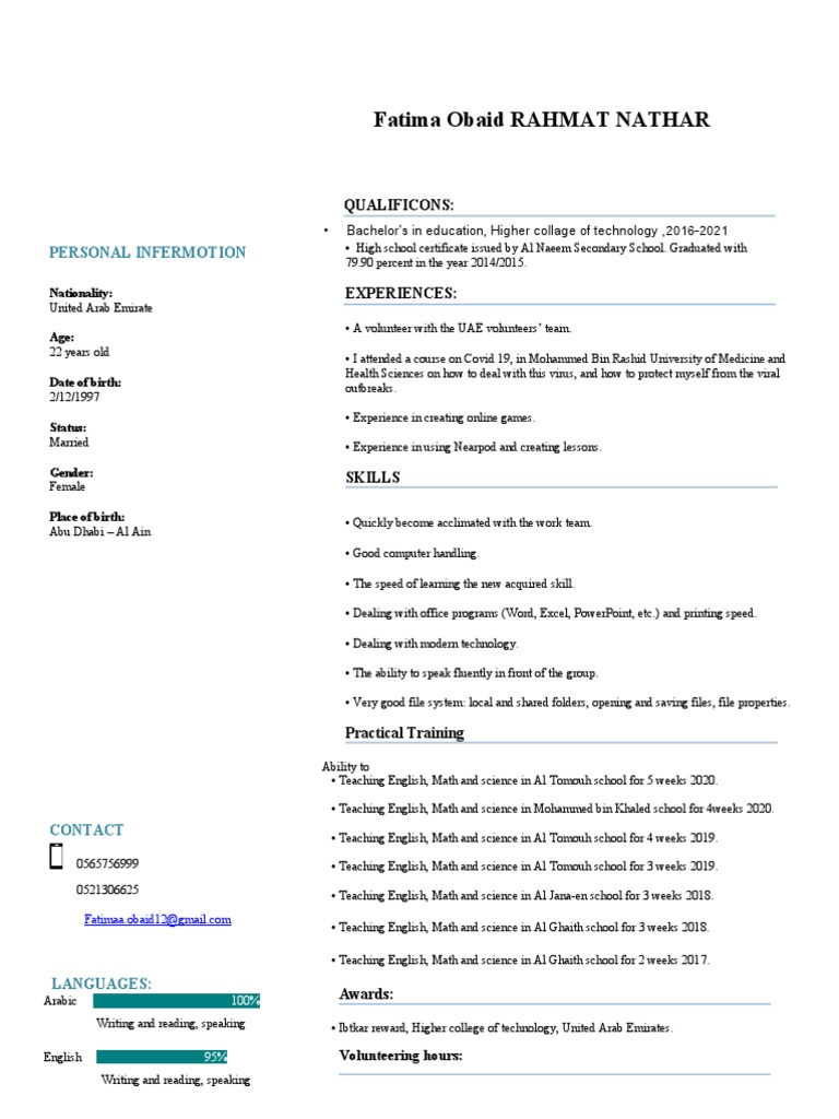 Fatima Obaid RAHMAT NATHAR: - Bachelor's in Education, Higher Collage ...