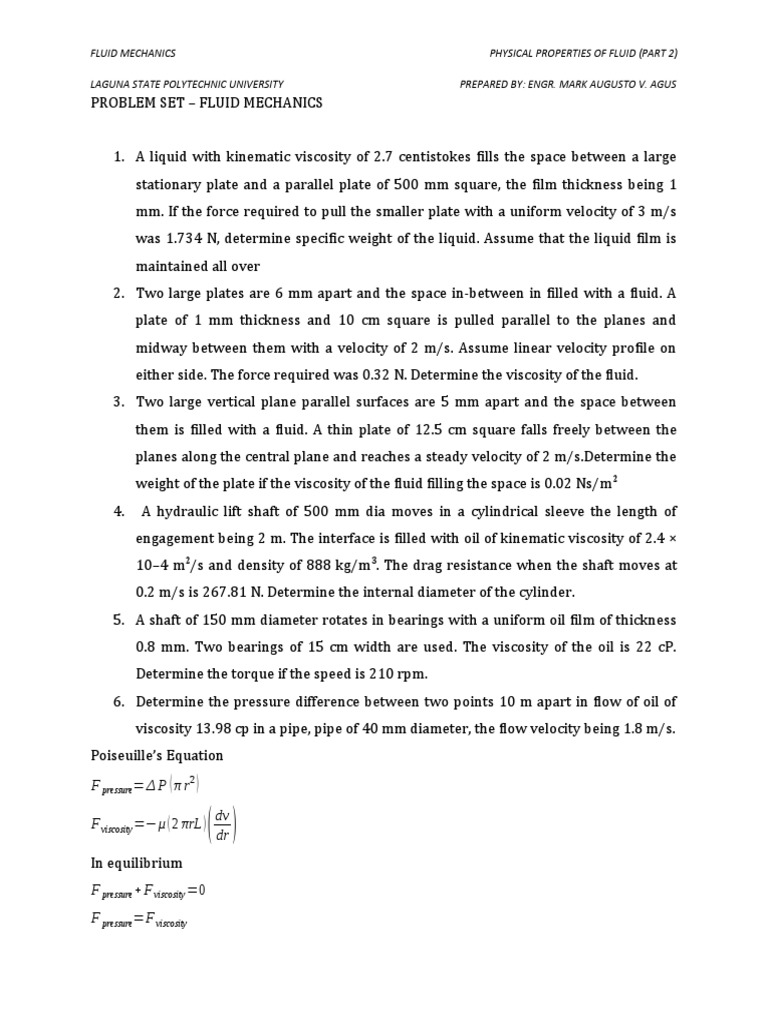 Problem Set 2 Fluid Mechanics | PDF | Pressure | Viscosity