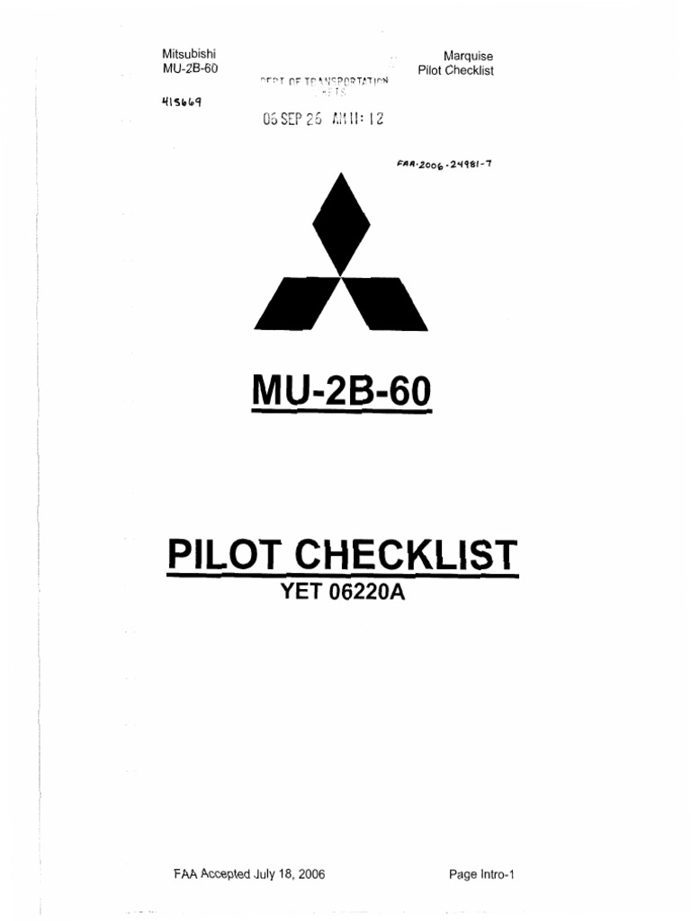 MU-2B-60 Pilot Checklist | PDF | Takeoff | Landing Gear