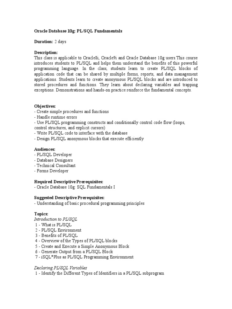 Oracle Database 10g: PL/SQL Fundamentals Duration: 2 Days Description | Download Free PDF | Pl ...