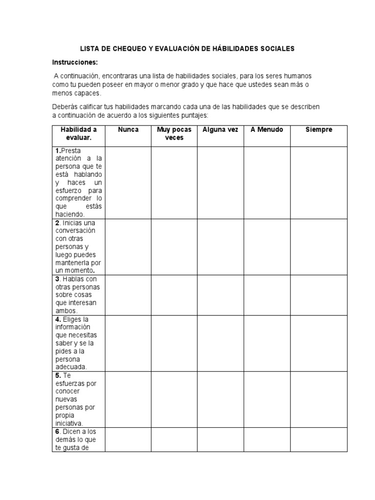 Lista de Chequeo y Evaluación de Hábilidades Sociales | PDF