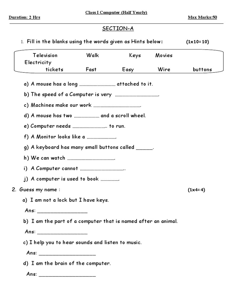 Class I Computer (Half Yearly) Duration: 2 Hrs Max Marks:50 | PDF ...