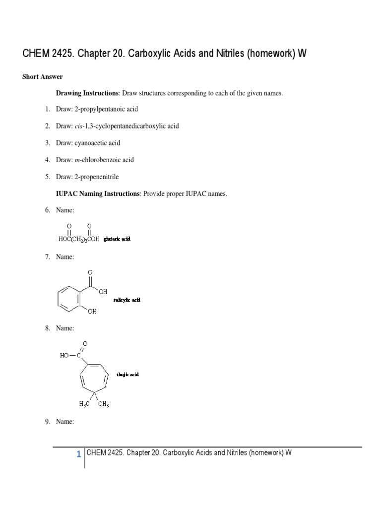 CHEM 2425. Chapter 20. Carboxylic Acids and Nitriles - Homework - W ...