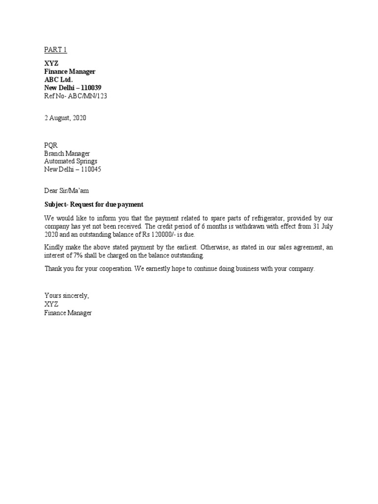 XYZ Finance Manager ABC Ltd. New Delhi - 110039 | PDF | Money | Banking