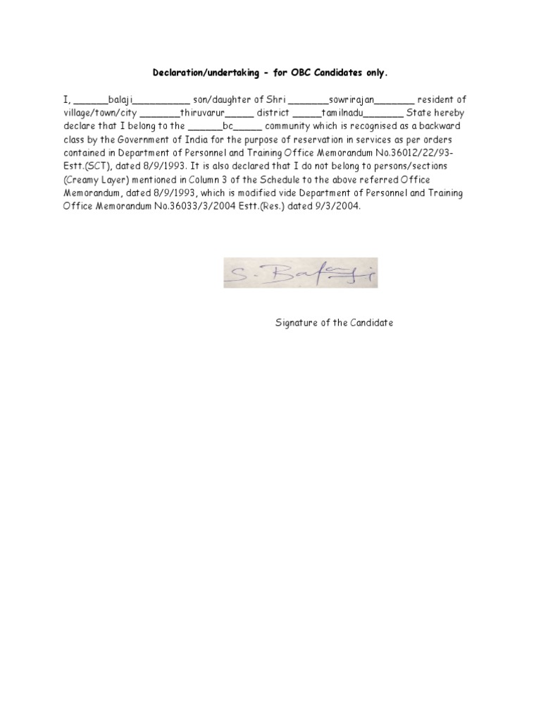 Declaration/undertaking - For OBC Candidates Only | PDF