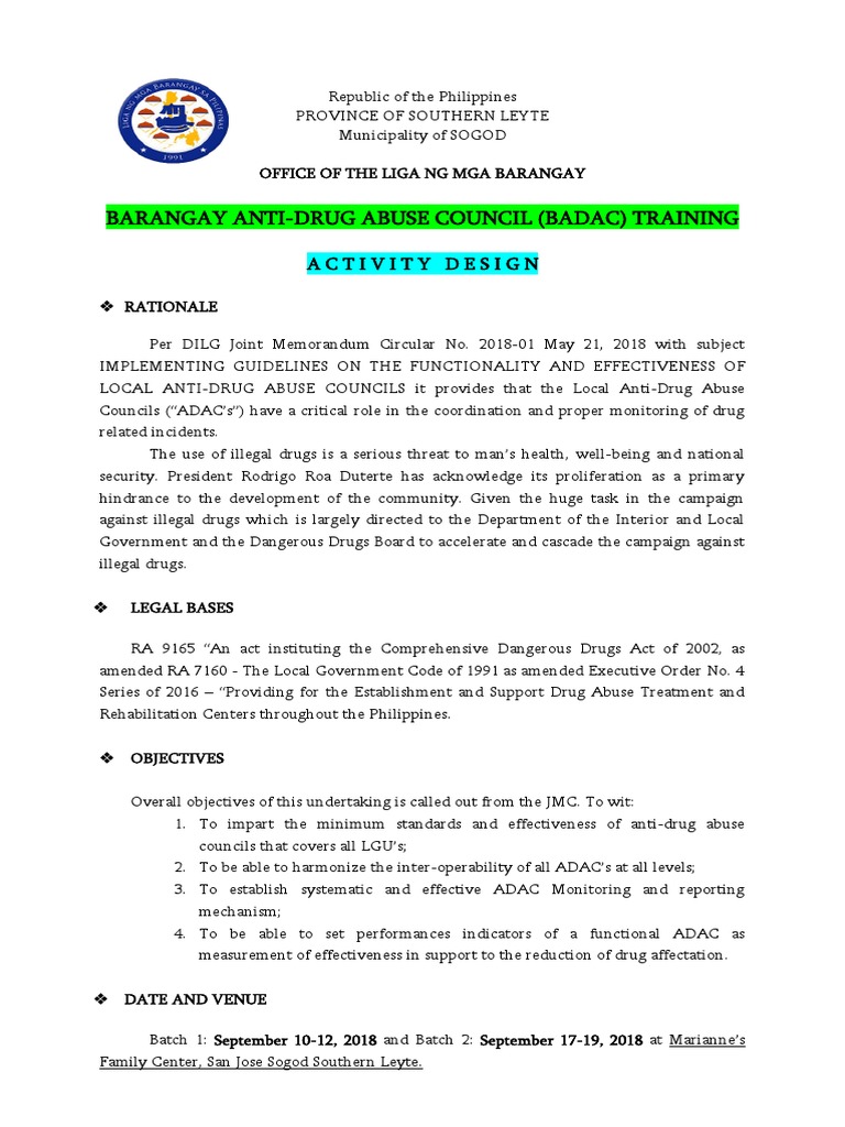 Barangay Anti-Drug Abuse Council (Badac) Training: Activity Design ...