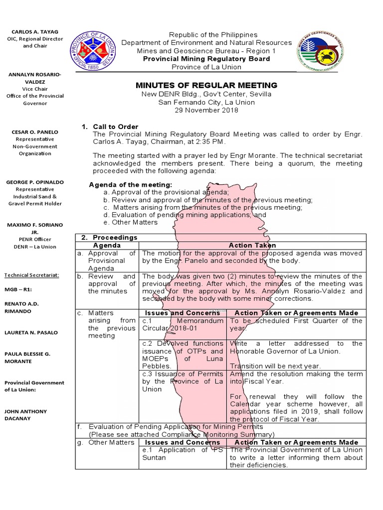 Minutes of Regular Meeting: Provincial Mining Regulatory Board | PDF ...