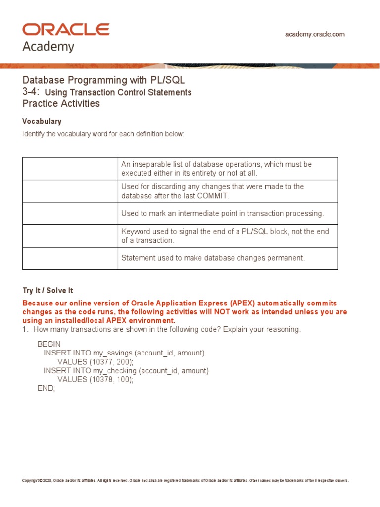 Database Programming With Pl Sql 3 4 Practice Activities Using Transaction Control Statements